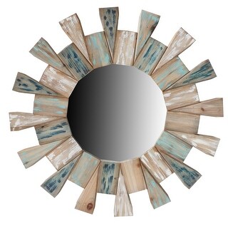30 in Round Wooden Decor Wall Mirror with Triangular Plank Accent ...