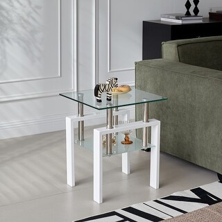 White Tempered Clear Glass End Table, 2-Layers Small Table with Storage ...
