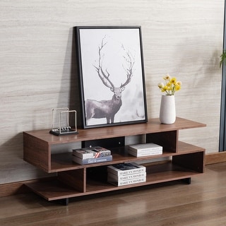 Brown Walnut Finish TV Stand with 2 Levels of Shelves and Black Legs ...