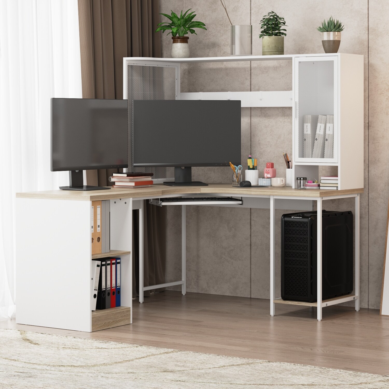 Dual-Monitor Workstation Desk with Iron Frame Ergonomic Keyboard Tray ...