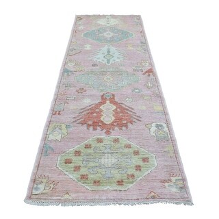 Hand Knotted Pink Tribal & Geometric with Wool Oriental Rug (3'4" x 9'9 ...