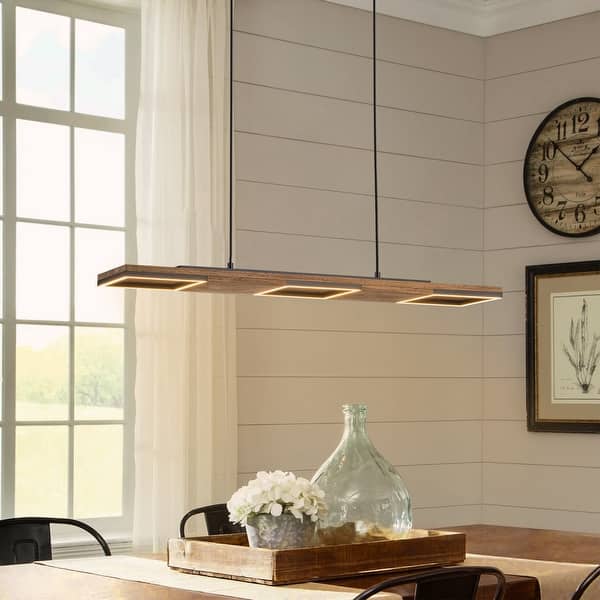 3-Light Farmhouse Rustic Wood Linear Square Pendant Integrated LED ...