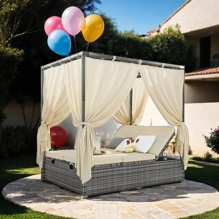 Adjustable Outdoor Patio Sun Bed With Curtain, High Comfort, Beige ...