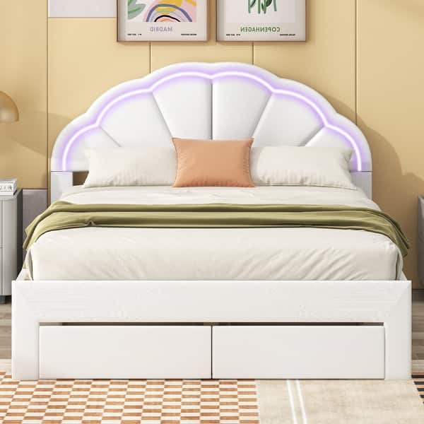 Queen Size Upholstered Platform Bed with Seashell Shaped Headboard ...