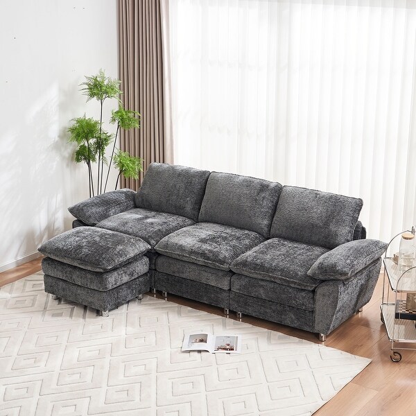 Modern Deep 3 Seat Sofa Couch with Ottoman Polyester Sofa Sleeper Comfy Upholstered Furniture for Living Room Dark Grey