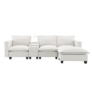 L Shape Sofa with Charging Port, Reading Light and Cup Holder, Beige ...