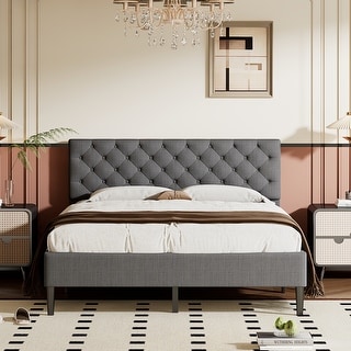 Queen Size Button Tufted Platform Bed Frame/Fabric Upholstered Bed ...