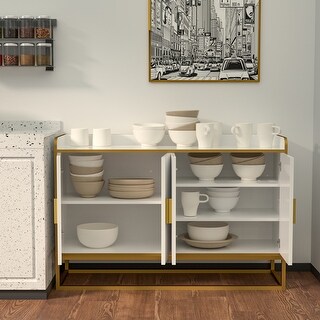 Golden White Modern Kitchen Buffet Cabinet, Metal Legs - Bed Bath ...