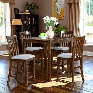 5 Piece Wooden Dining Square Table Set for 4, Vertical Slatted Backrest ...