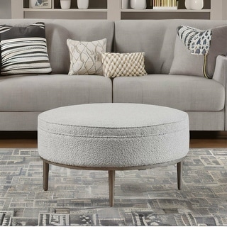 34" Inch Upholstered Round Cocktail Ottoman with Metal Base - Bed Bath ...