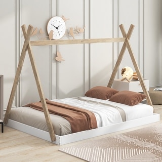 Full Floor Bed for Kids, Teepee Bed Frame with Triangle Structure, Wood ...