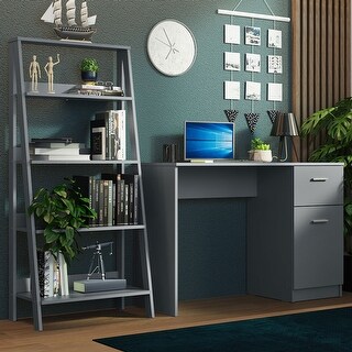 Madesa Compact Desk 43" + Ladder Shelf Standing Bookcase - Gray - Bed ...