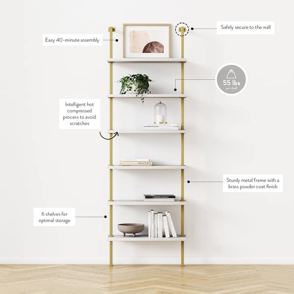 Theo 6-Shelf Tall Bookcase Wall Mount Bookshelf White Wood with Gold ...