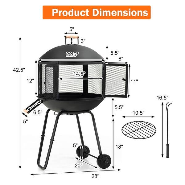 Gymax 28'' Patio Rolling Fire Pit Wood Burning Firepit w/ Wheels - See ...