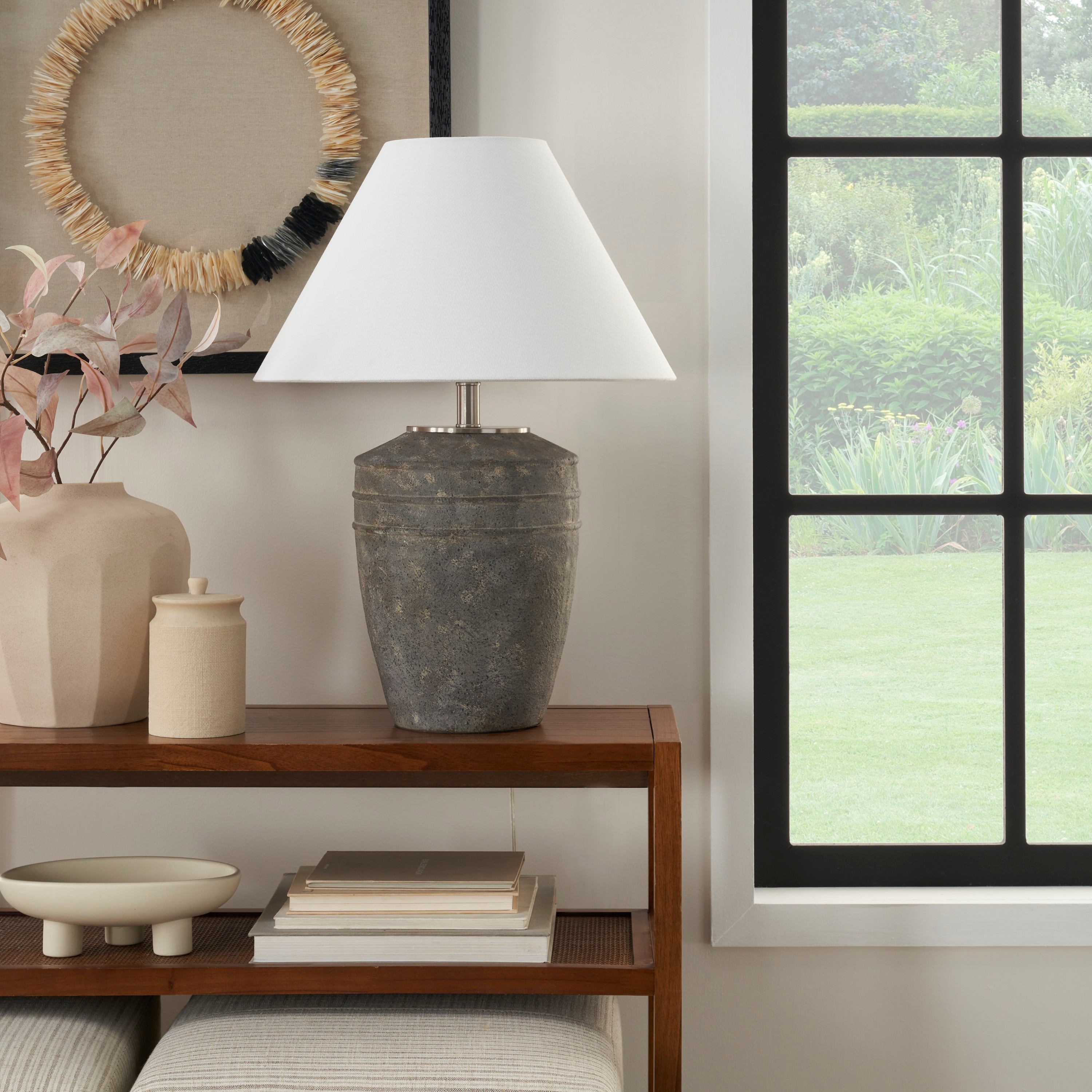 StyleCraft Olney Textured Concrete Table Lamp with Off-White Linen Drum ...