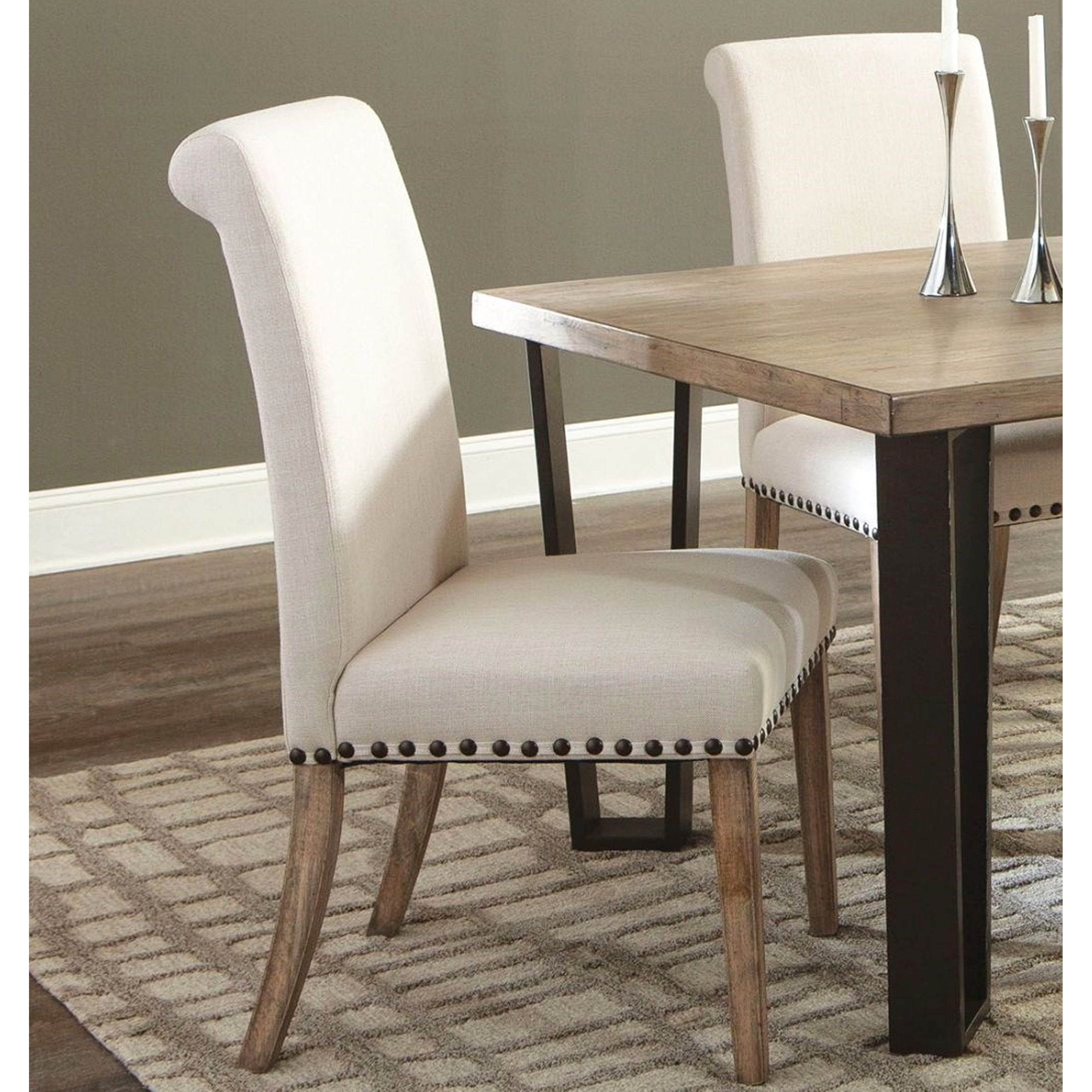 Rolled Back Design Beige Upholstered Parson Dining Chairs with Nailhead ...