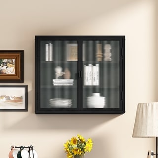 Modern Matte Black Wall Cabinet with Groove Glass Doors - Contemporary ...