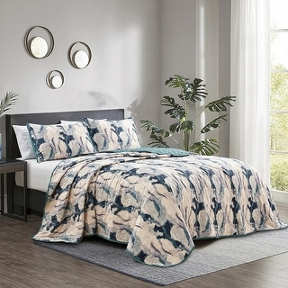 3 Piece Blue Abstract Floral Reversible Quilt Coverlet Bedspread ...