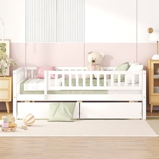 White Full Size Kids Bed Frame with Drawers, Full Daybed with Fence ...