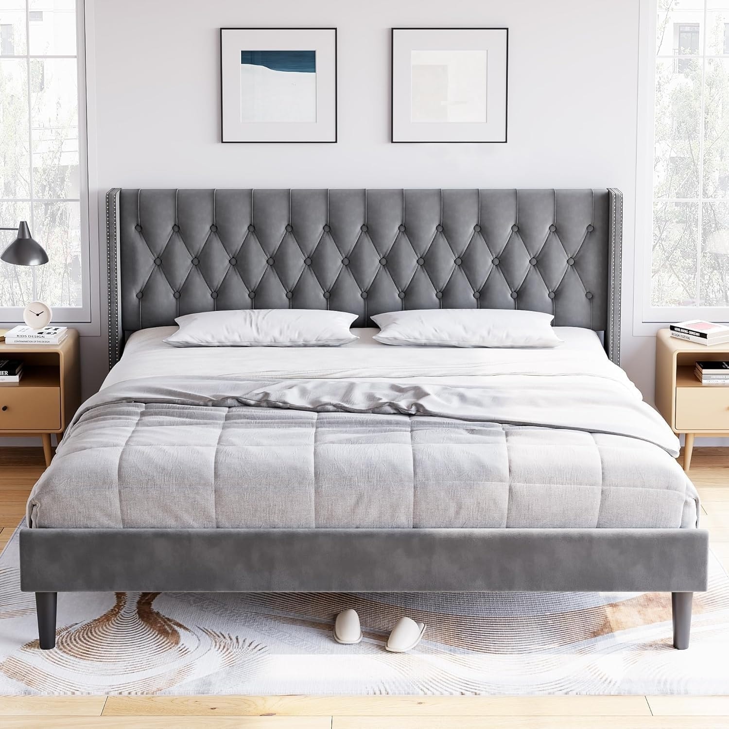 King Size Bed Frame with Headboard Modern King Bed Frame Deep Button Tufted Headboard with Wingback Grey