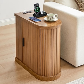 Compact End Table with Charging Station, Curved Fluted Nightstand for ...