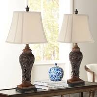 Set of 2 Traditional Table Lamps Leafwork Bronze Vase Tan Shade - 9" x ...