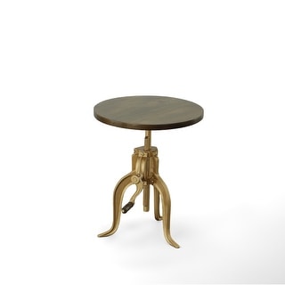 Brass Iron Base Adjustable Height End Table with Solid Wood Round Top ...