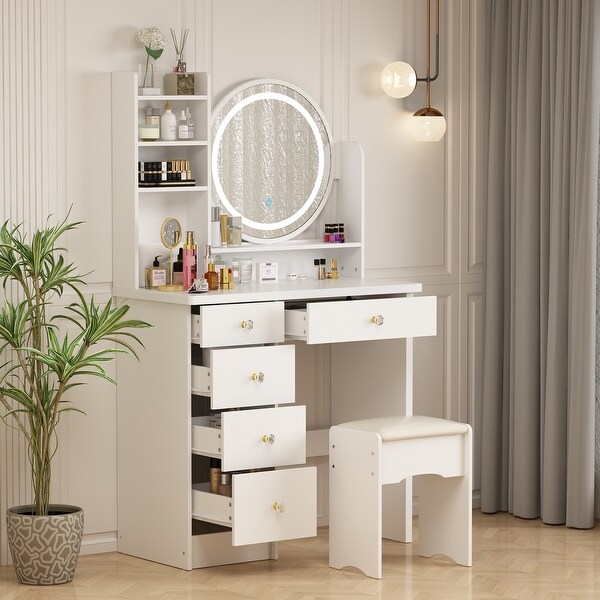 FUFU GAGA Makeup Vanity Dressing Table Set with Touch Screen Mirror Stool White