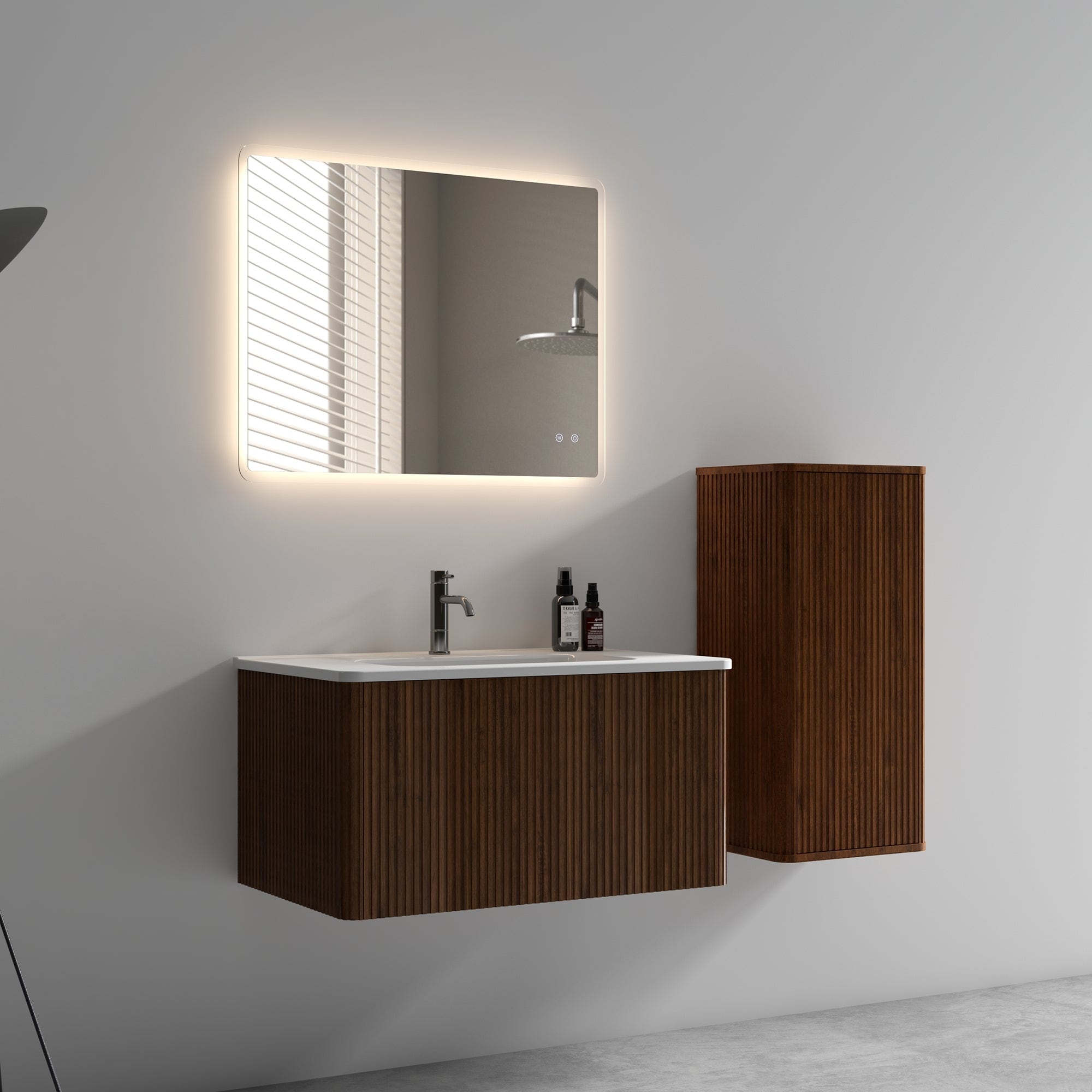 30" Striped Navy Blue Bathroom Vanity with White Ceramic Sink, Wall ...