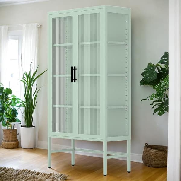 Double Glass Door Storage Cabinet with Adjustable Shelves and Feet Cold ...