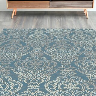 5feet x 8feet Blue and Beige Damask Distressed Area Rug - 5' x 8' - Bed ...