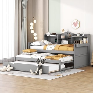 Twin XL Wooden Daybed with 2 Twin Trundles and Storage Shelf - Bed Bath ...