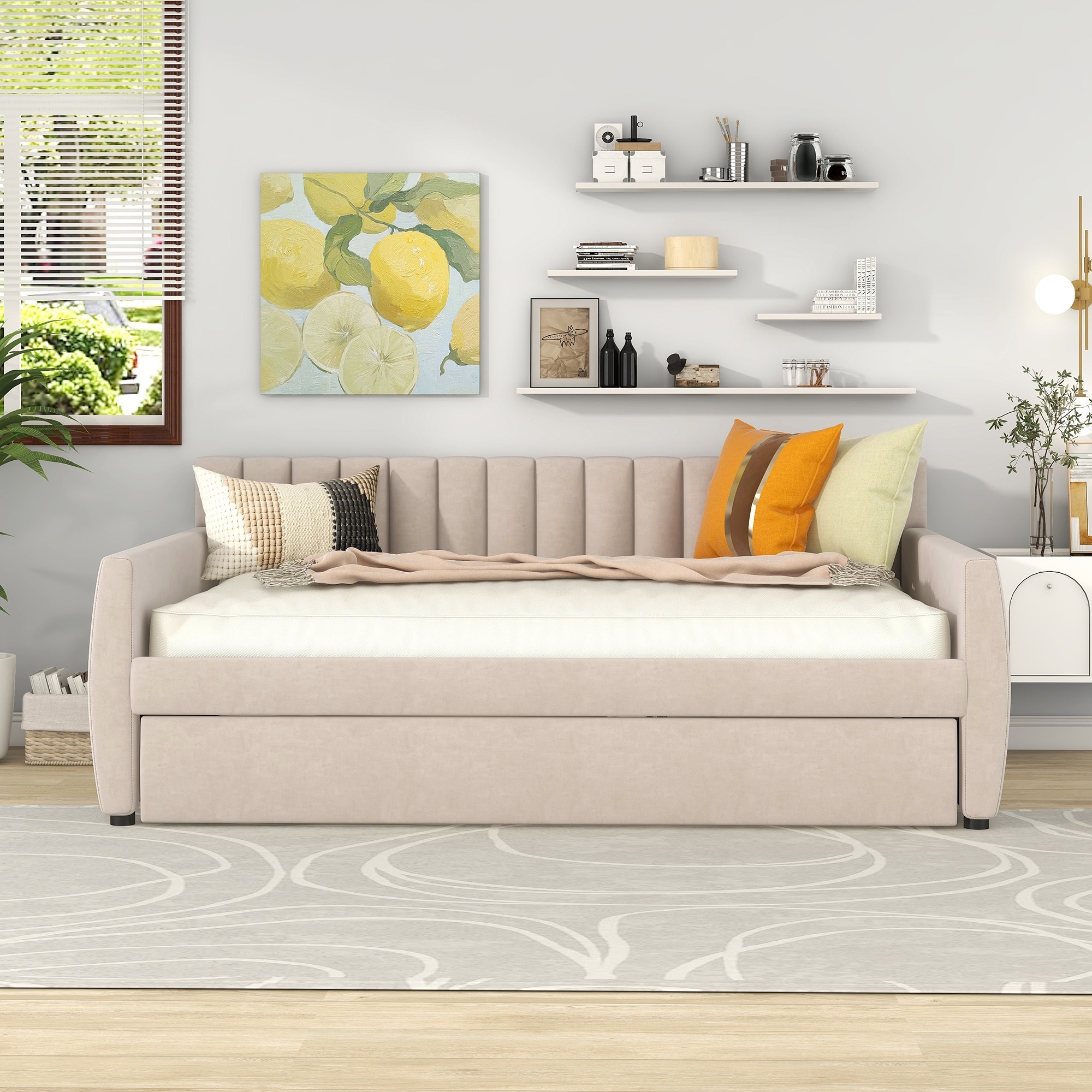Twin Size Upholstered Daybed with Pop Up Trundle, Beige - On Sale - Bed ...