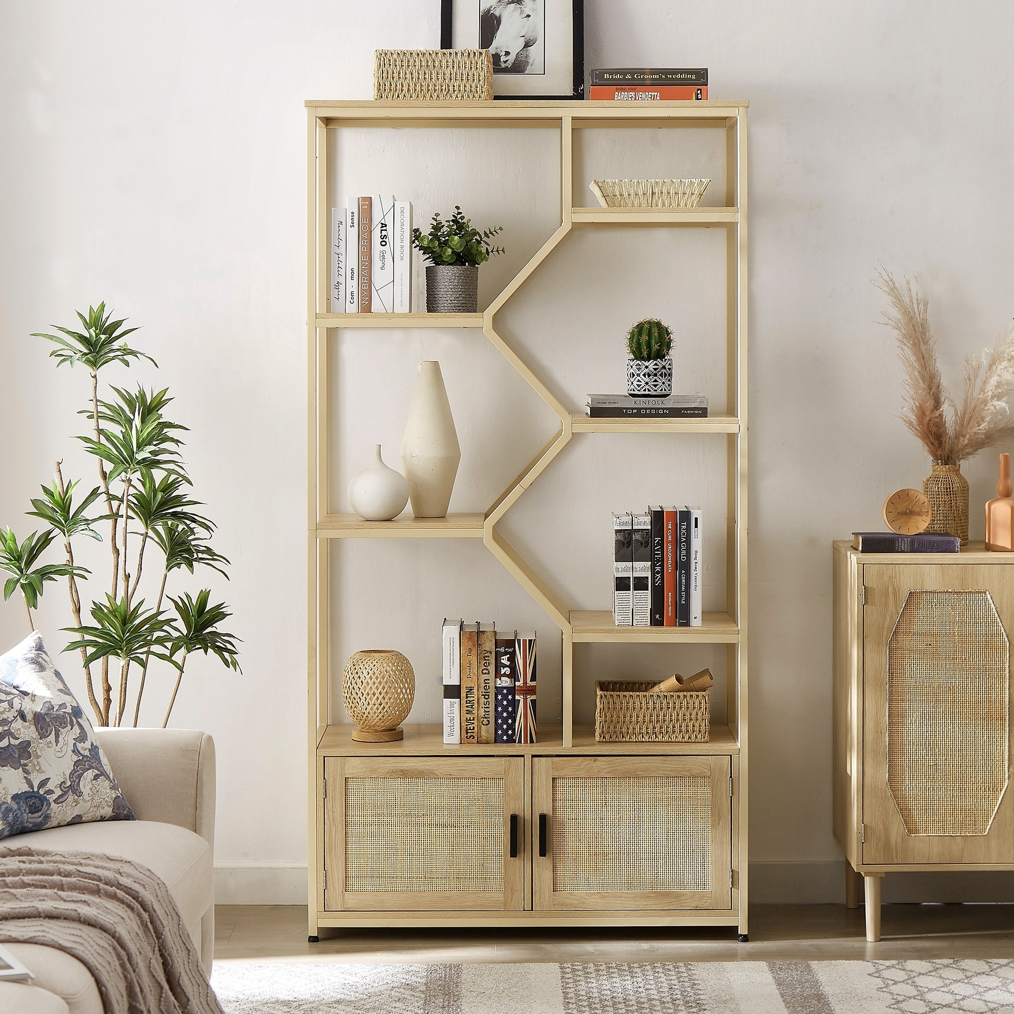 5 Tier Rattan Bookshelf with Storage Cabinet & Door - On Sale - Bed ...