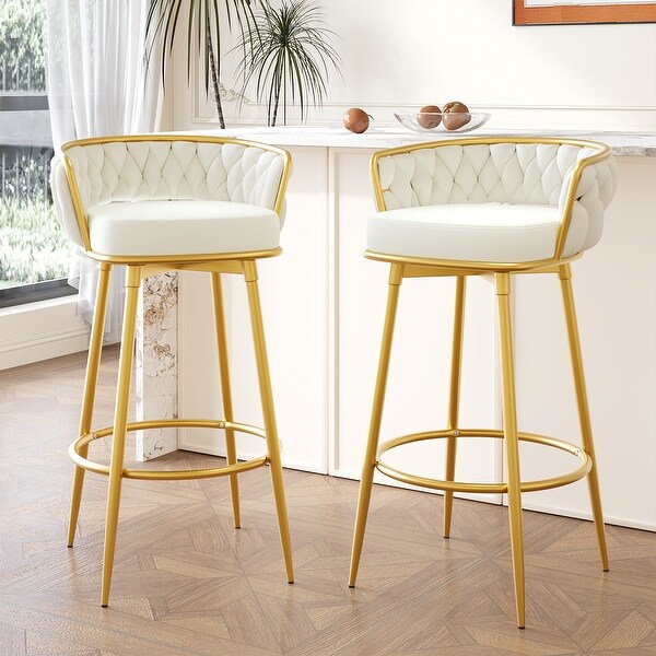 Swivel Counter Height Bar Stools with Hand Woven Backrest Gold Metal Legs 16.54 16.54 Beige