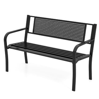 Black Metal Garden Bench with Patterned Backrest and Curved Armrests ...