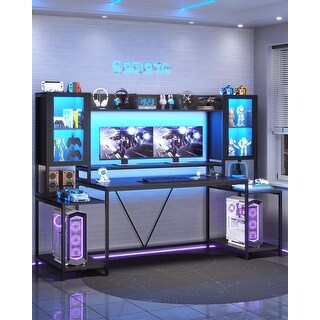 Gaming Desk LED Lights Hutch and Storage Shelves Glass Display Cabinet ...
