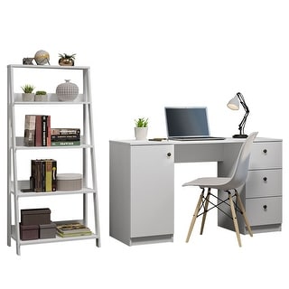 Madesa Desk with Drawer 53" and Ladder Shelf Standing Bookcase - White ...