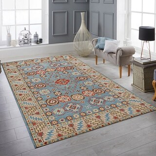 Hand-knotted WOOL Blue Traditional Geomtric Modern Knotted Rug - 6' x 9 ...