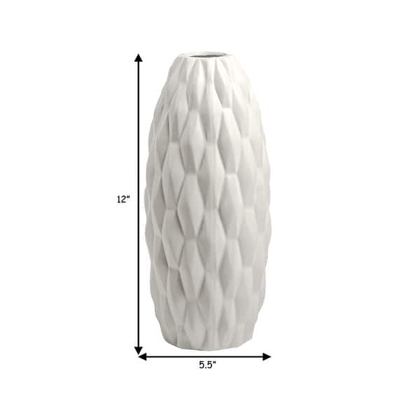 12 Inch Round Porcelain Vase with Embossed Wave Pattern, White - Bed ...