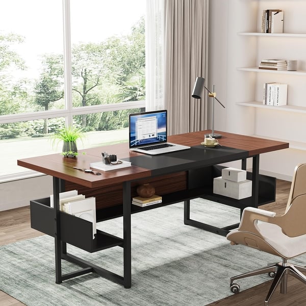 63-Inch Executive Desk with Bottom Shelves, Large Home Office Desk for ...
