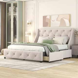 Queen Size Upholstered Platform Bed with Wingback Tufted Headboard - Bed Bath & Beyond - 37703252