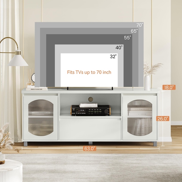 Modern White TV Stand for 70 Flat Screen TVS 63 W x 18.1 D with Drawer Glass Cabinets