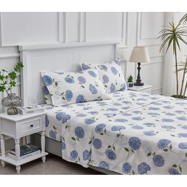 Printed Design Cotton Collection 400TC Hemstitch Blue Hydrangea Sheet ...
