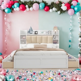 Solid & Sturdy Queen Size Upholstered Platform Bed with Shelves and 4 ...