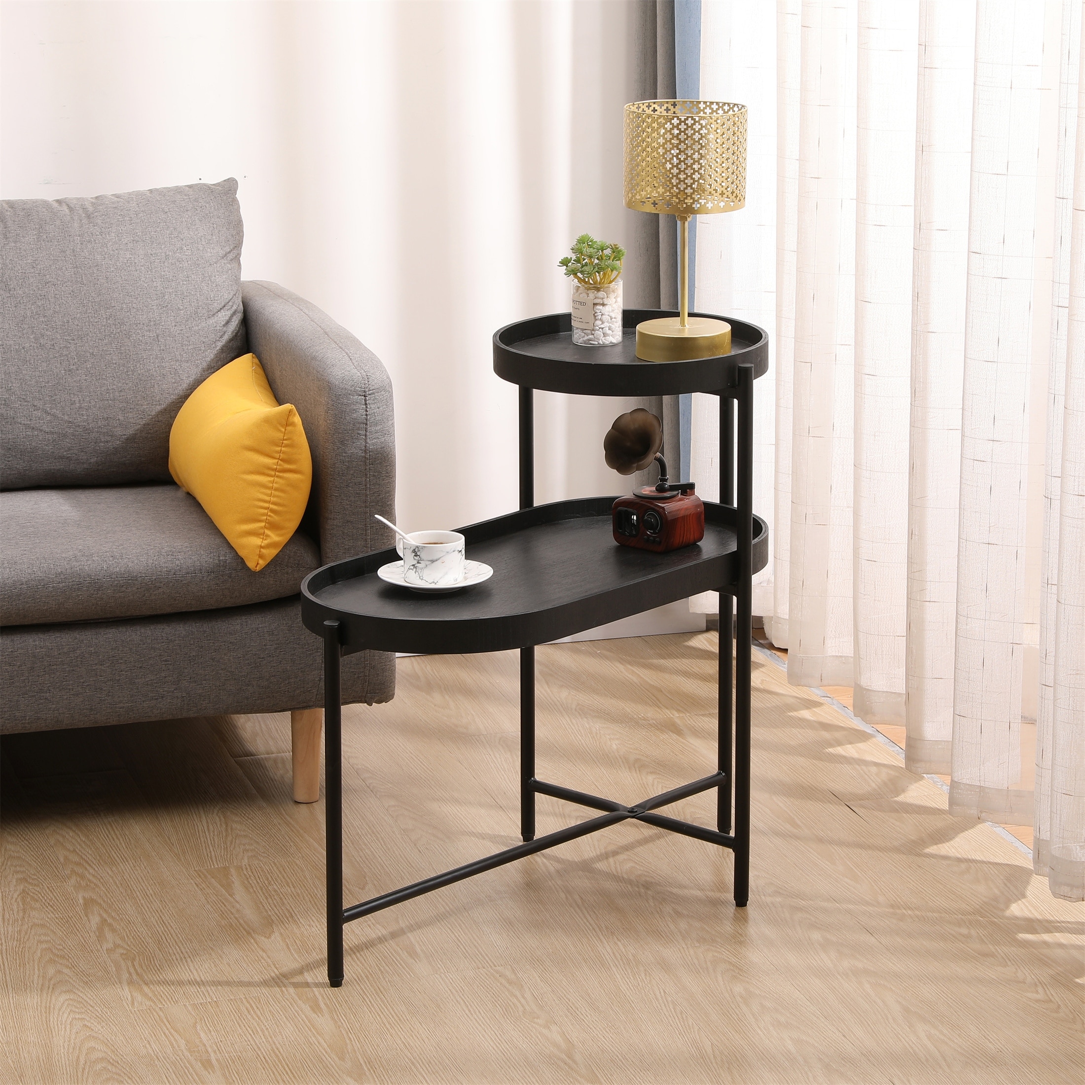2-Tier Black Side Table with Storage Sofa Table, Metal Frame & Wooden ...