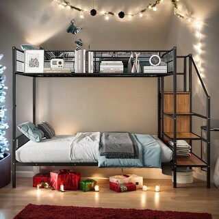 Twin over Full Metal Beds with Wardrobe, Bunk with Wire Shelving,Black ...