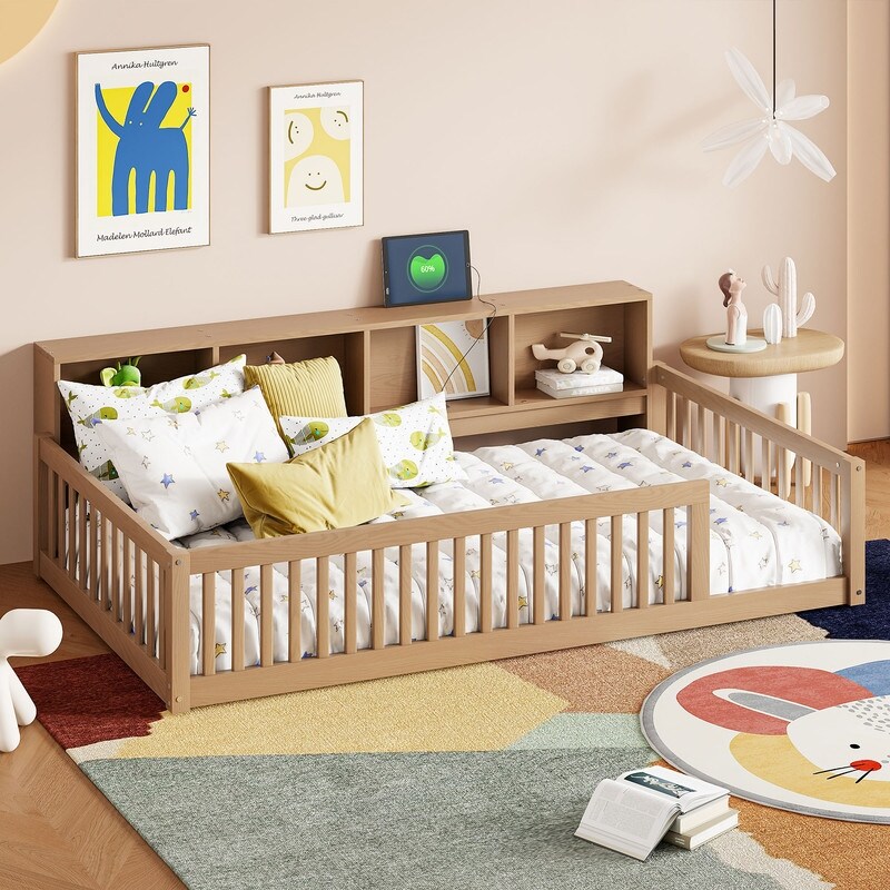 Twin XL Size Wood Daybed with Bedside Storage Cabinets Modern Kids Floor Bed Frame with Charging Station On Sale Bed Bath Beyond 41985904