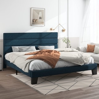 King Size Bed Frame with Headboard, Fabric Upholstered Platform Bed ...