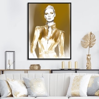 Designart "High Fashion Model Sketch In Gold VIII" Fashion Woman Framed ...